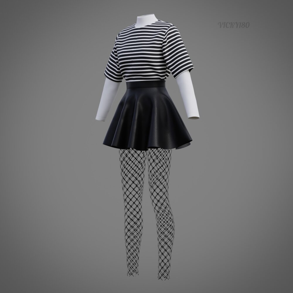 Stripes Shirt Leather Skirt and Tights Grunge y2k Fishnet Outfit 3D ...