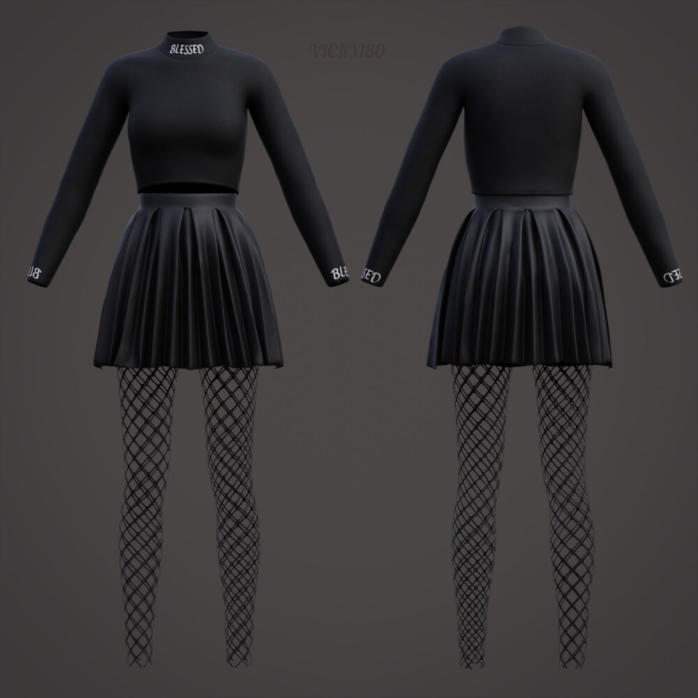 Top Corto Negro Cuello Alto con Falda Cuero y Medias Red Modelo 3D ...