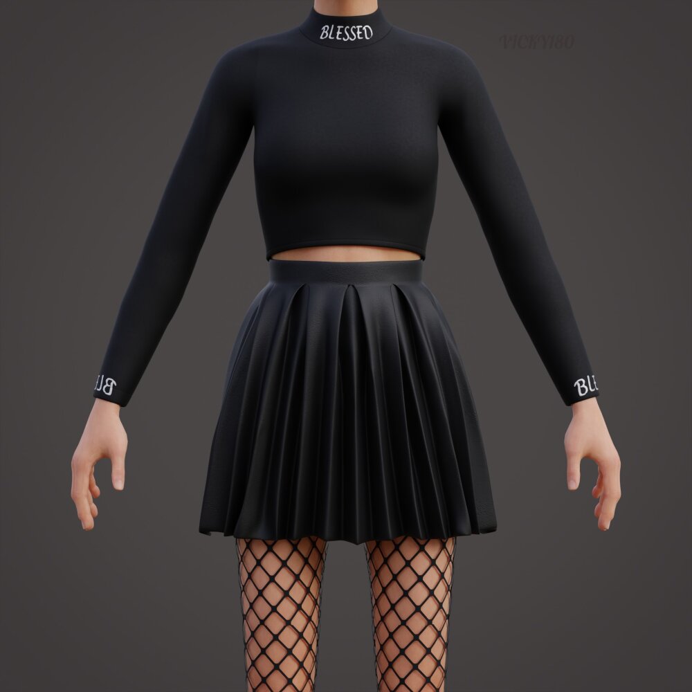 Top Corto Negro Cuello Alto con Falda Cuero y Medias Red Modelo 3D ...