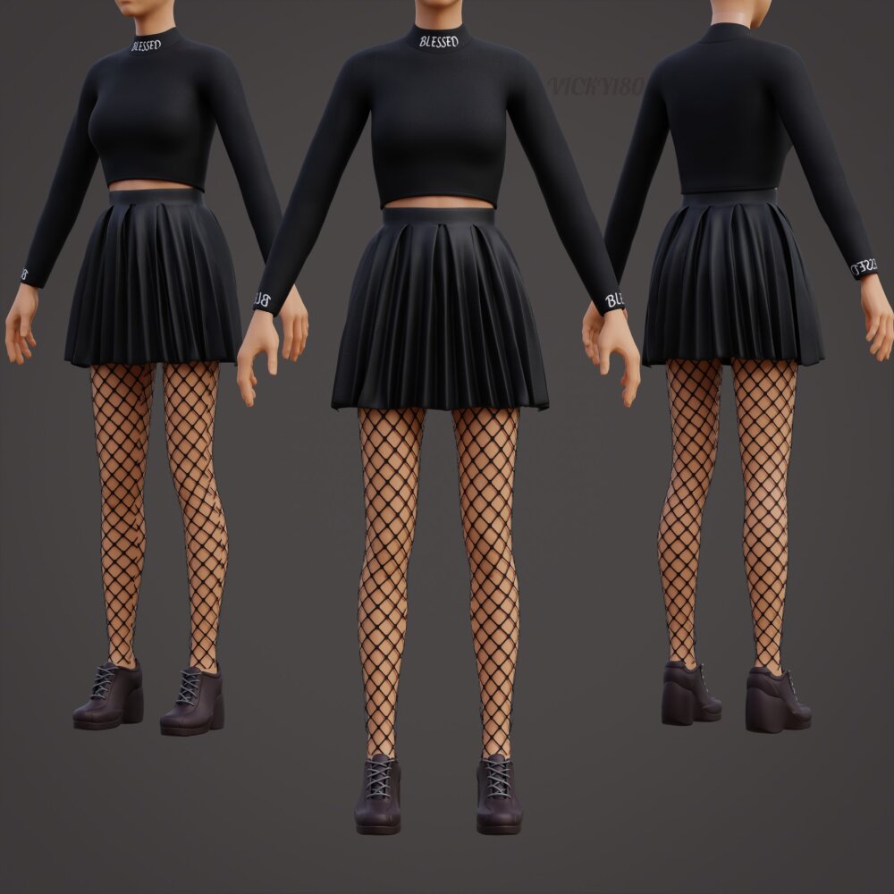 Top Corto Negro Cuello Alto con Falda Cuero y Medias Red Modelo 3D ...