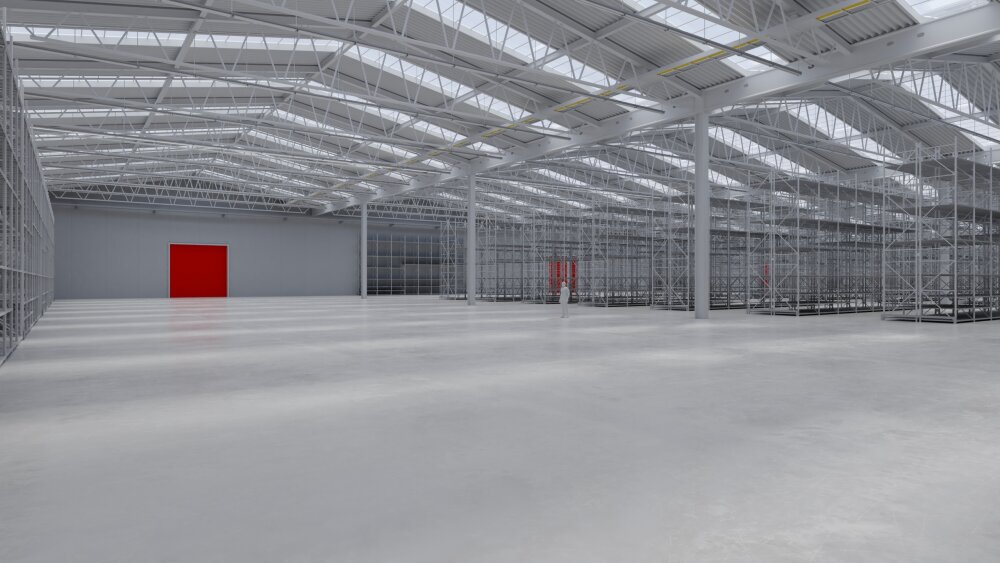 Warehouse Interior with Steel Racks and Red Loading Doors 3D model ...