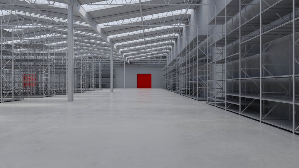 철제 선반과 빨간 적재문이 있는 창고 내부 3D 모델 - 다운로드 Infrastructure Buildings on ...